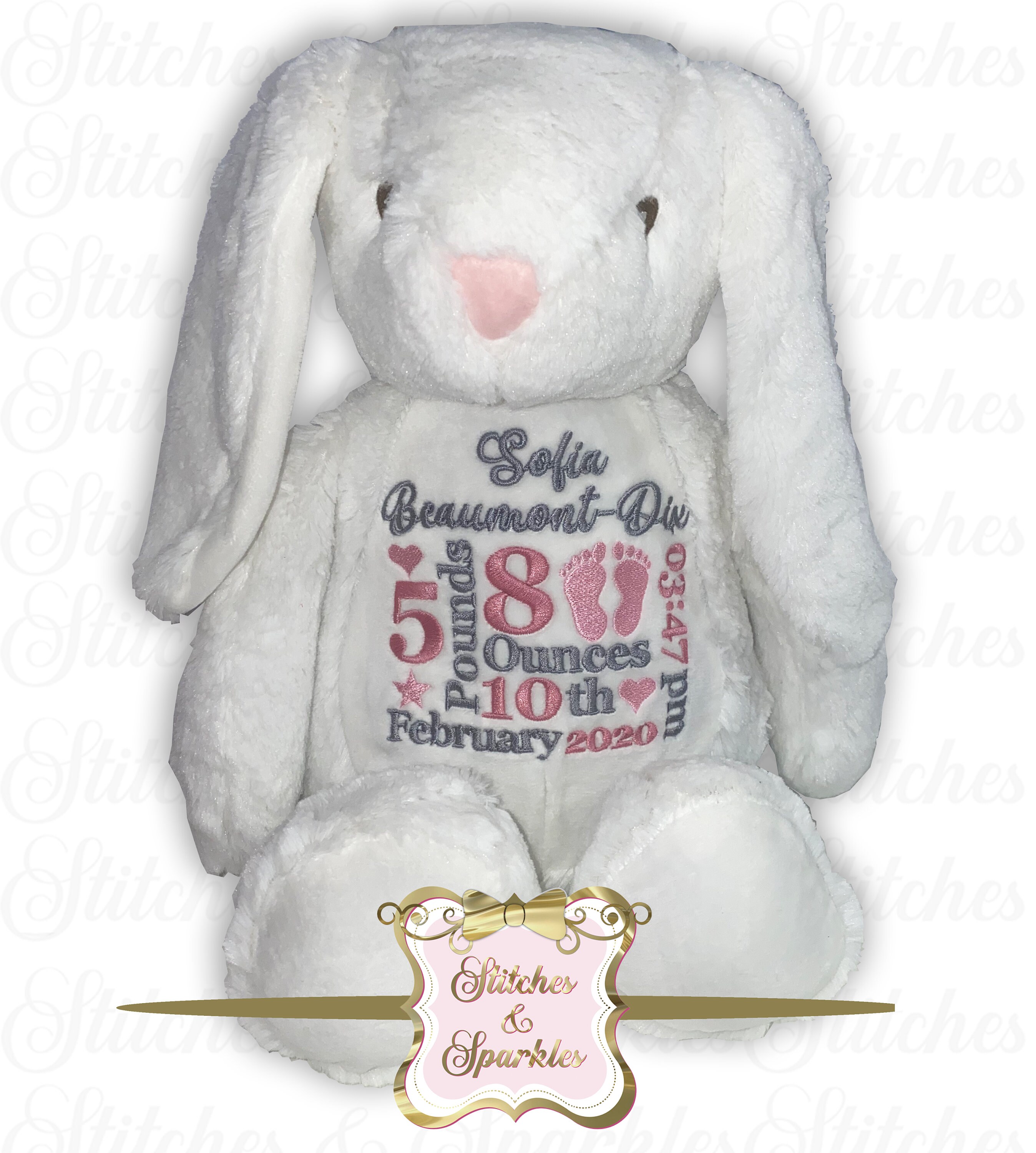 Personalised Embroidered Birth Detail / Announcement Bunny Rabbit Teddy ...