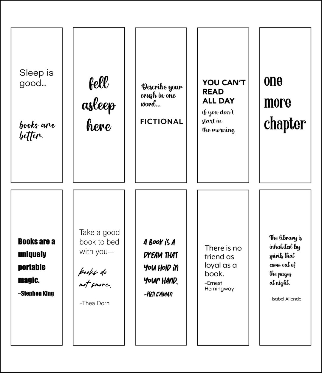Printable Bookmarks | 6x2 Inches Each | 10 Bookmarks | Instant Download ...