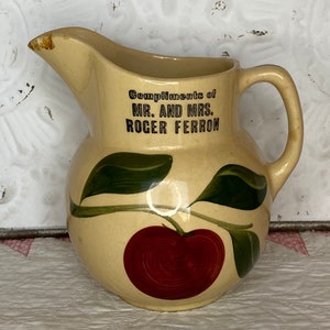 Vintage Watts Pottery Apple Advertising Pitcher 16 Compliments Mr Roger ...