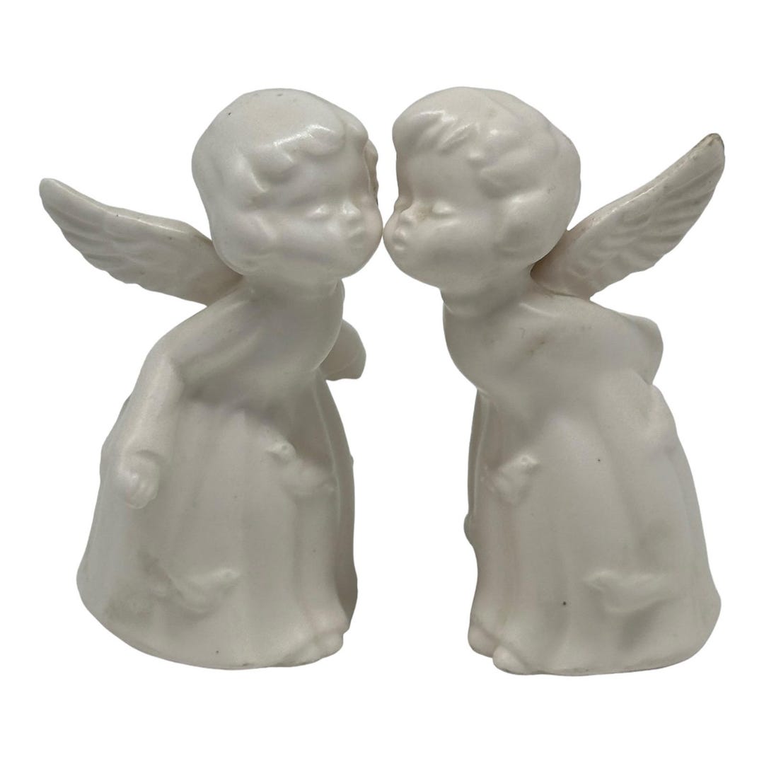 Vintage White Ceramic Kissing Angels Japan Dove Love Birds on Dresses 3 ...