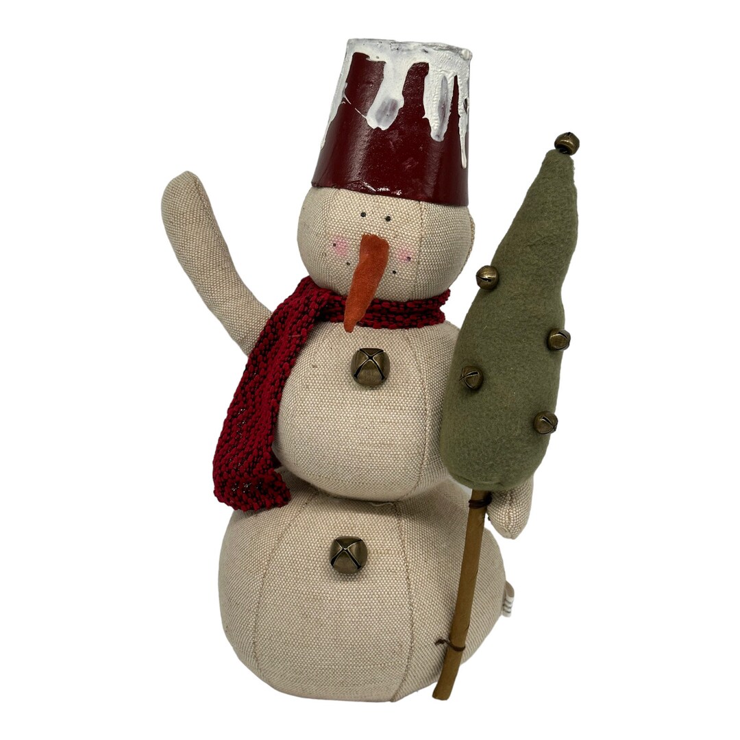 Vintage Snowman W/bucket Hat Holding Treelinen Plushchristmaslarge 14 ...