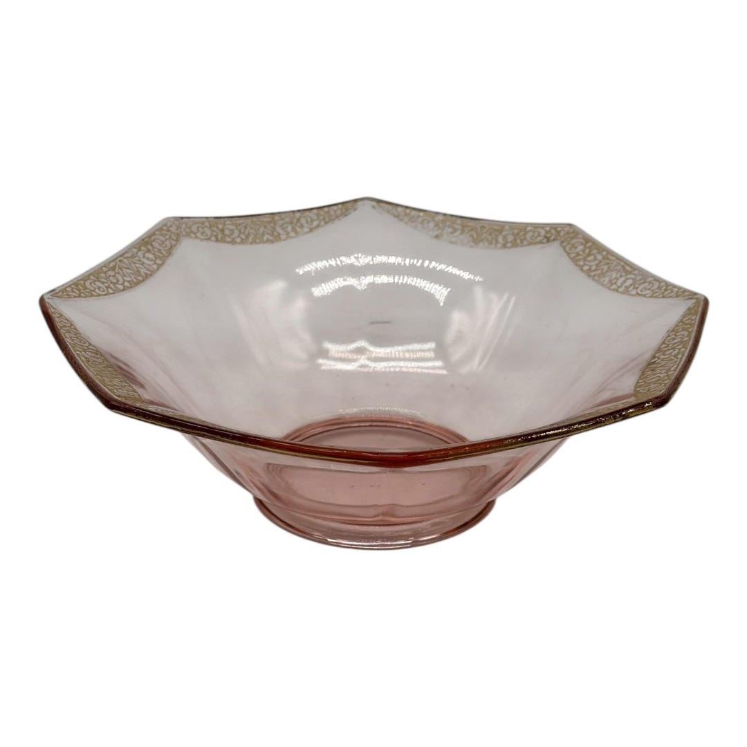 Vintage Pink Glass Octagon Bowl With Gold Trim Flowered Design Edging 8 ...