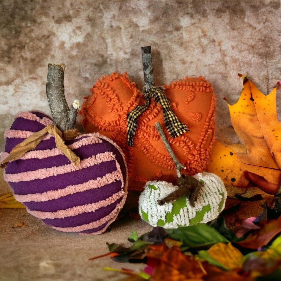 NEW Chenille Pumpkins Handmade Fabric Set of 3 Autumn Fall Halloween ...