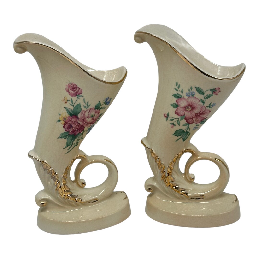2 Vintage Royal Copley Ceramic Cornucopia Horn of Plenty Vase Planter ...