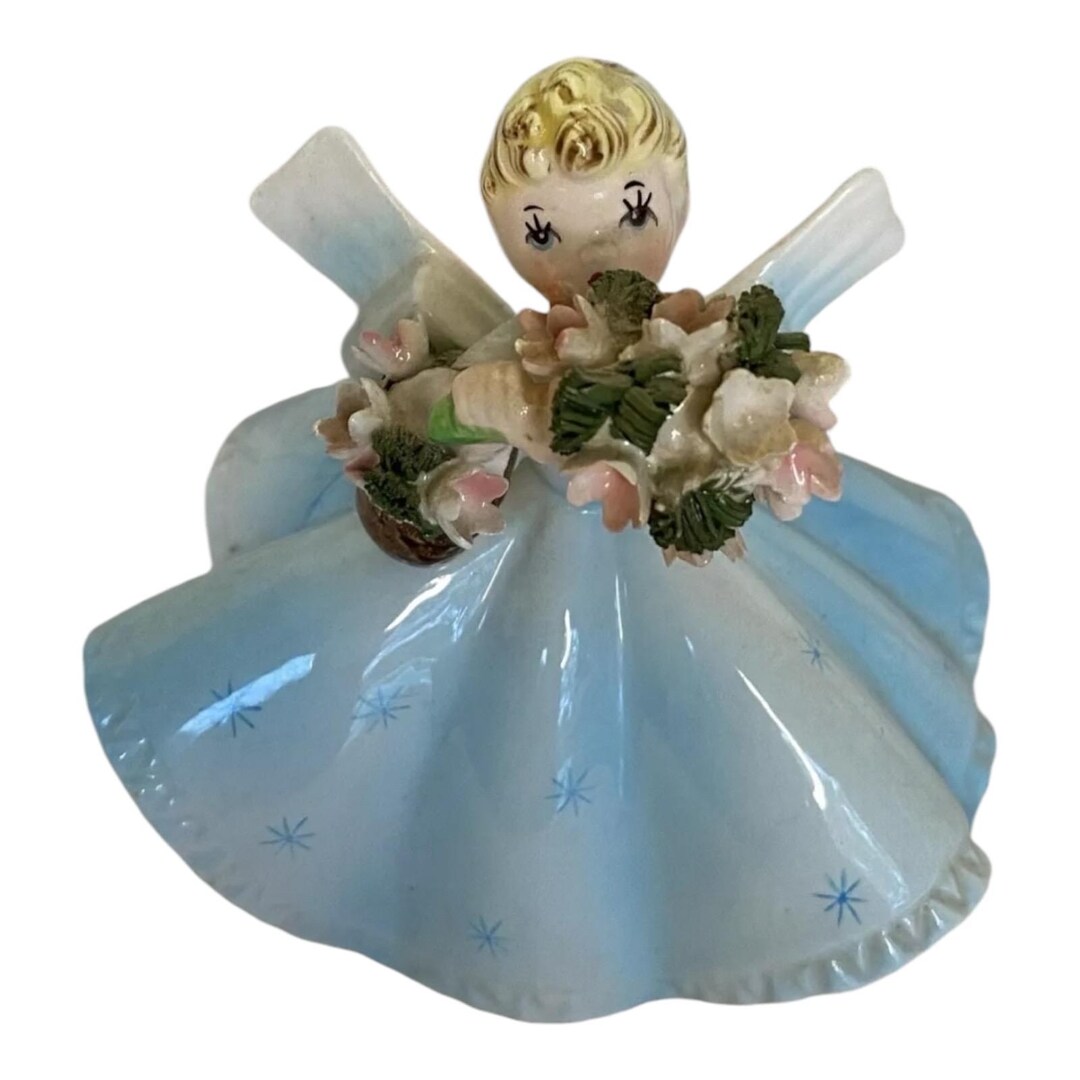 Vintage Lefton Flower Girl Figurine Blue Dress Holding Pink Flowers ...