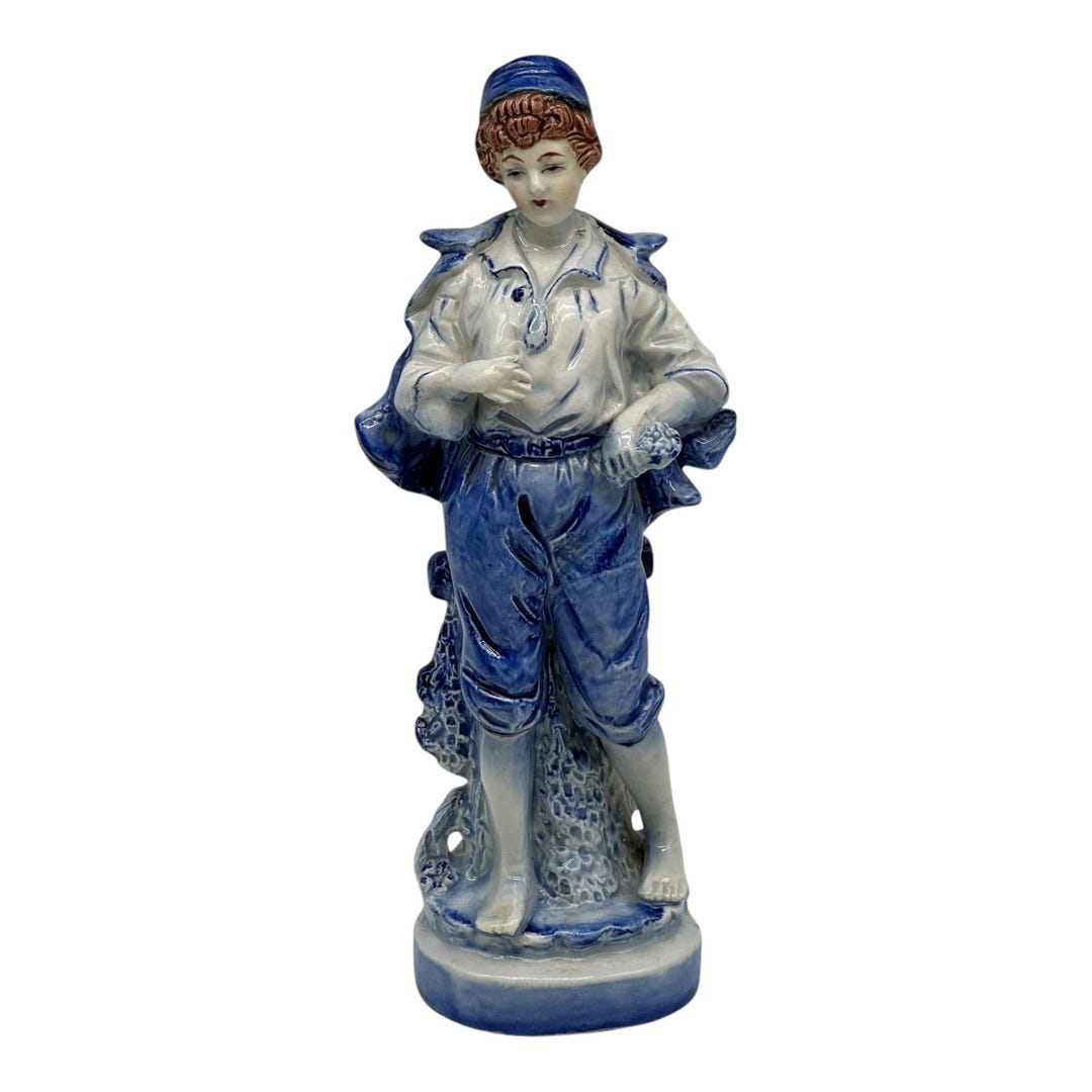 Vintage Ceramic Boy Figurine 9” Tall Unmarked Hand Painted Blue & White ...
