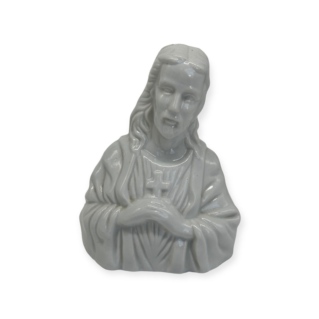 Vintage Ceramic Praying Jesus Figure Holding A Cross White Glaze ...