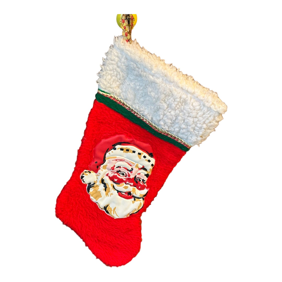 Vintage Christmas Stocking Red Furry Santa Claus Face Door Wall Hanging ...