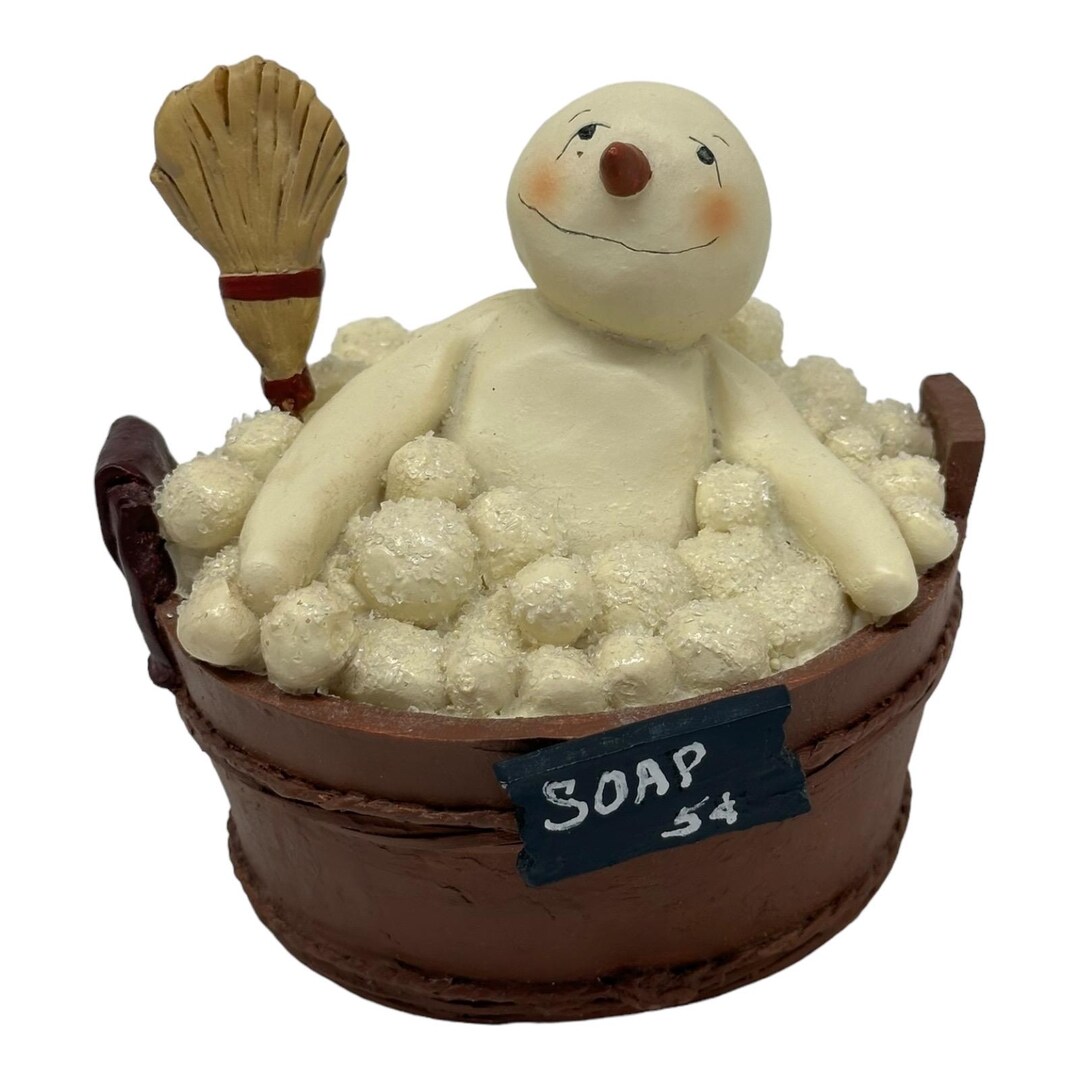 1998 Snowman With Broom Relaxing in Bubbles in A Wash Tub Figurine 5 X ...