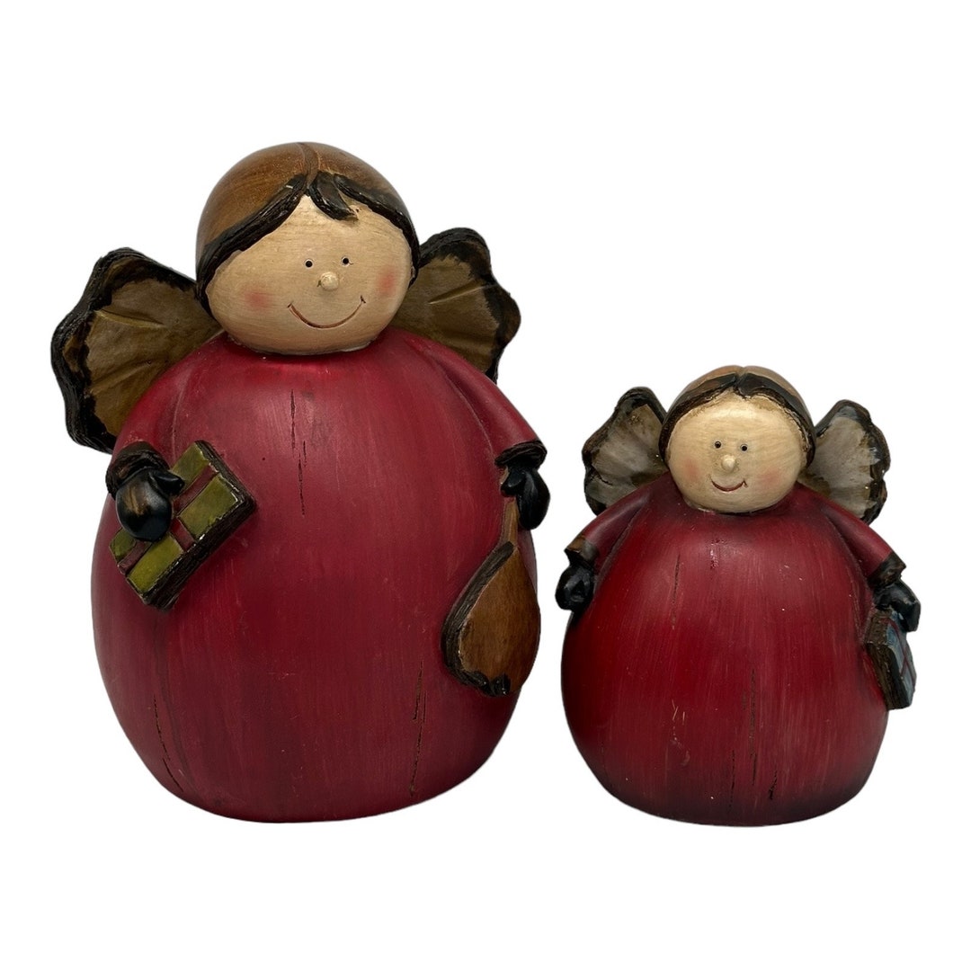 2 Vintage Christmas Resin Red Roly Poly Angel Figurines Presents ...