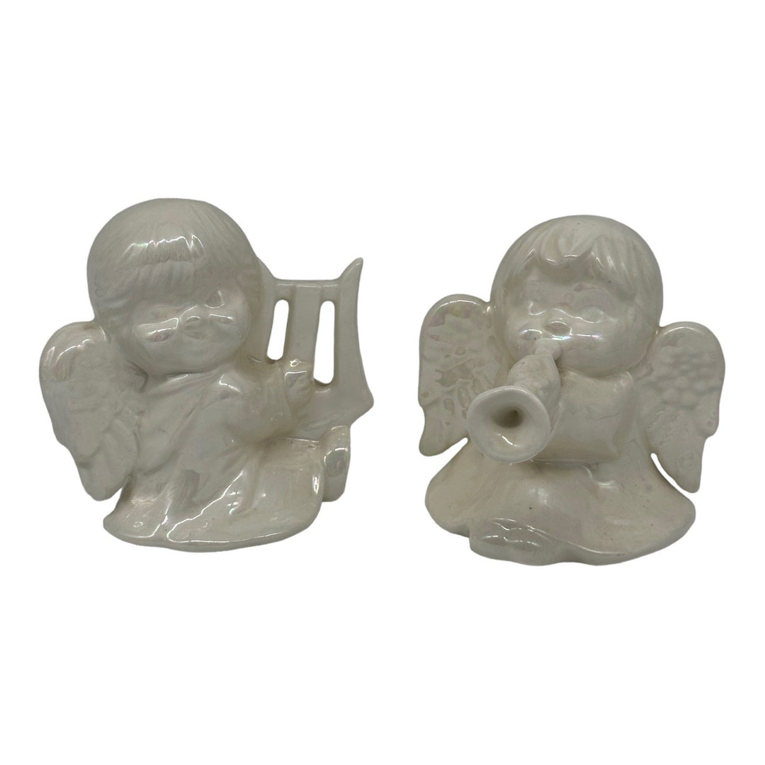 Vintage Set of 2 Ceramic Mold Angels W/ Harp and Trumpet Instruments ...