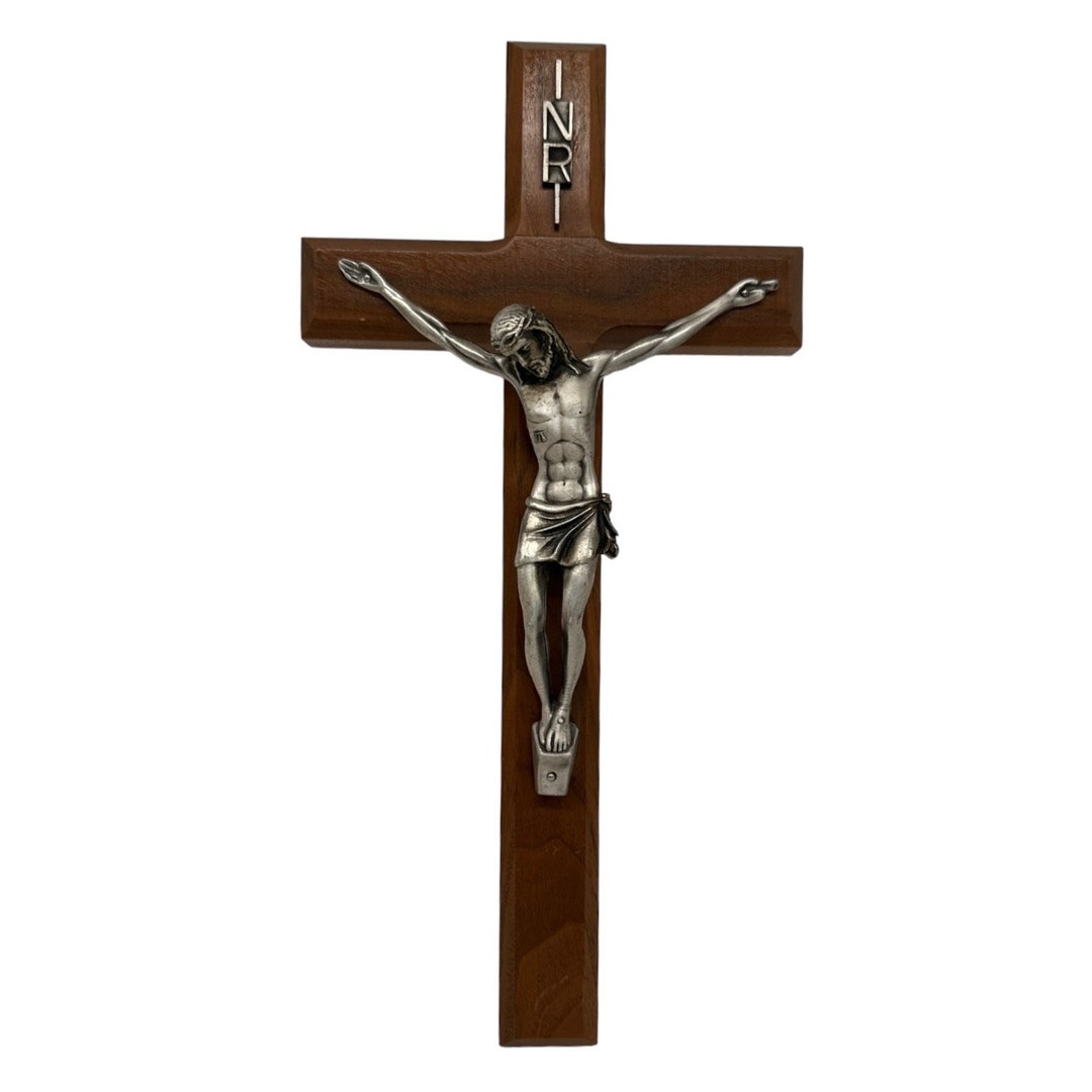 Vintage Hard Wooden Cross Crucifix Pewterchrist Religious Wall Hanging ...