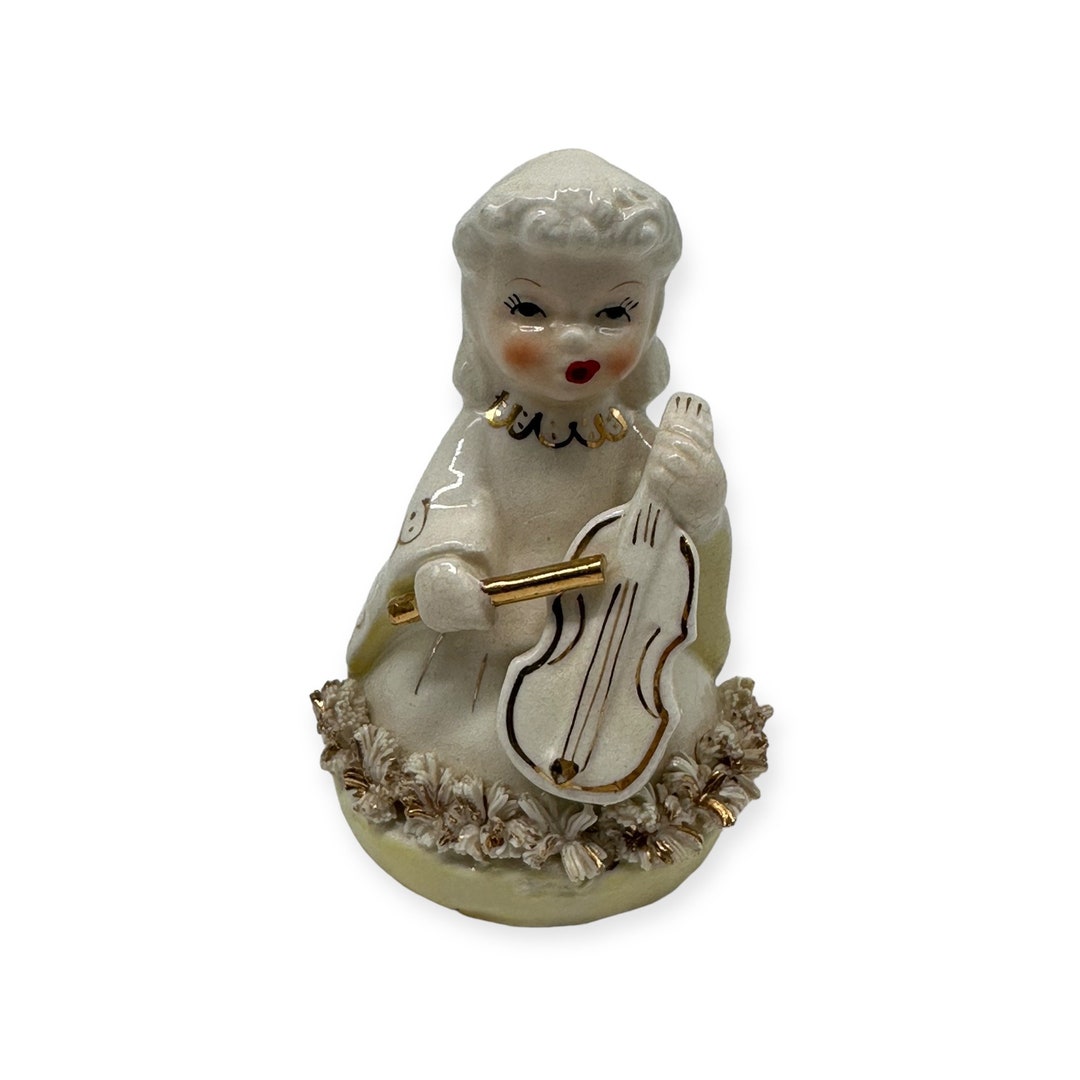 Vintage Porcelain Angel Playing Cello Figurine Spaghetti Trim White ...