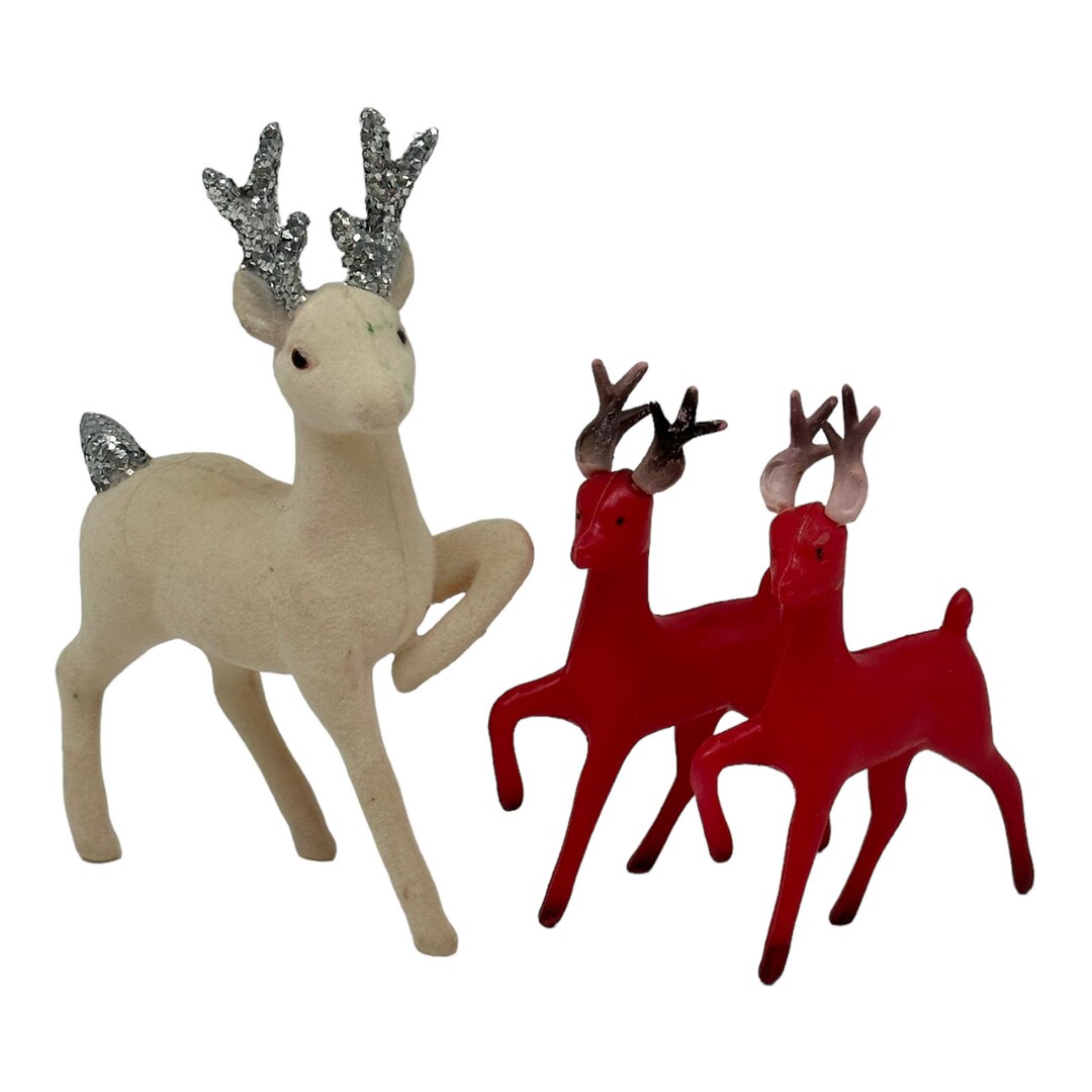 Vintage Set of 3 Christmas Reindeer 1 White Flocked 6 2 Red Plastic 4. ...