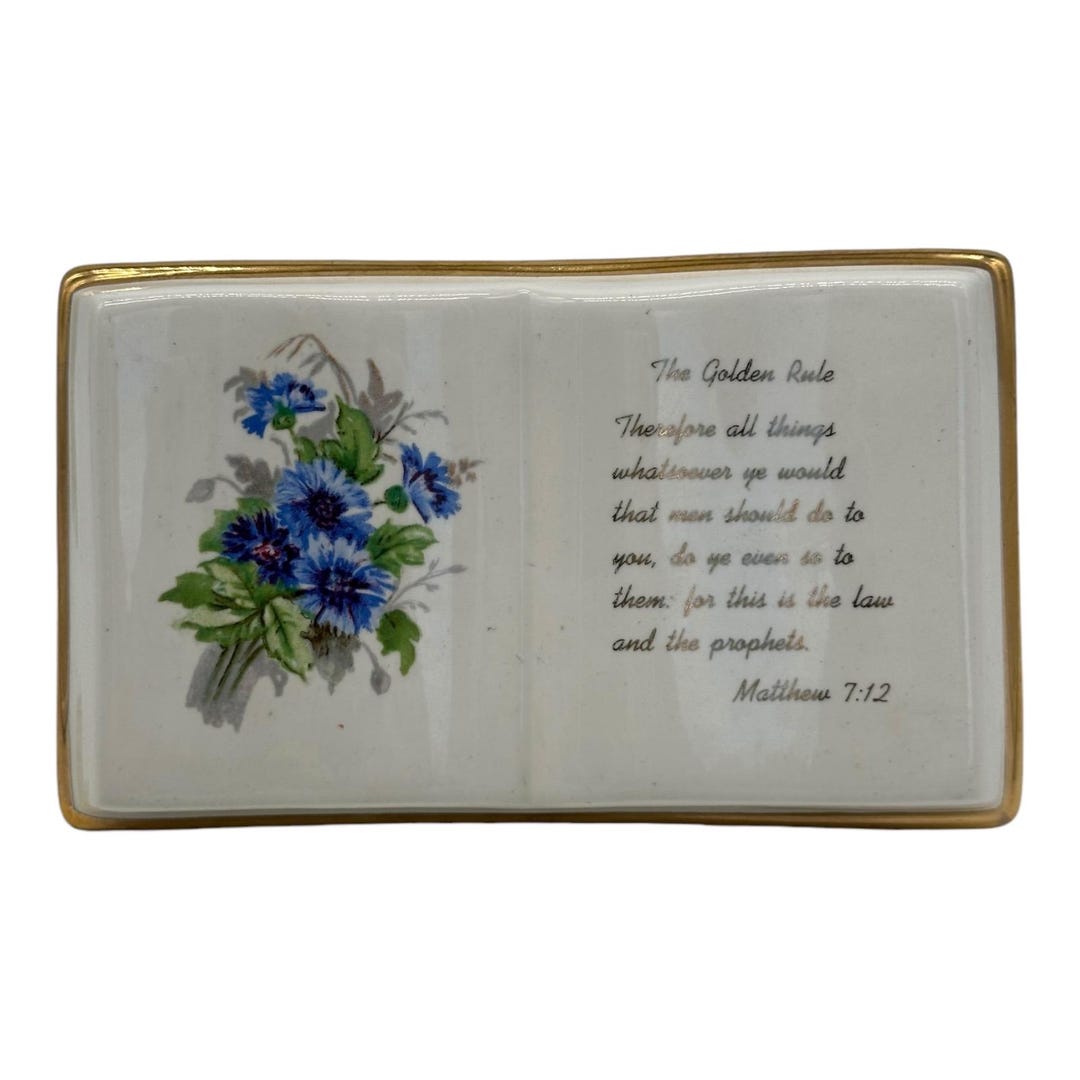 Vintage Ceramic Open Book Prayer Planter Blue Flowers the Golden Rule ...