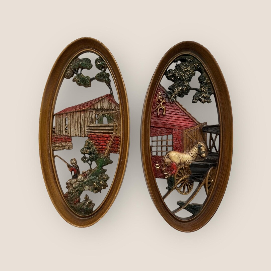 Vintage Burwood MCM 3D Molded Resin Wall Plaques Country Fisherman ...