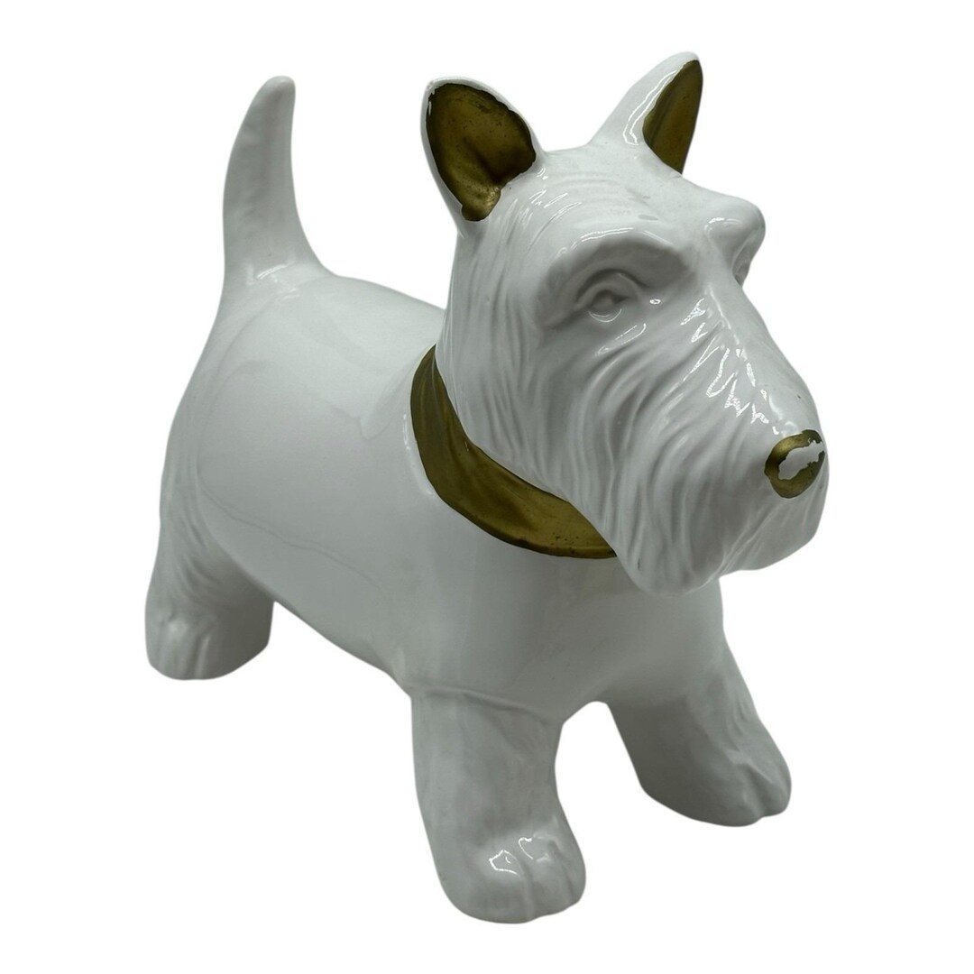 Vintage Large White and Gold Ceramic Scottie Yorkie Terrier Dog ...