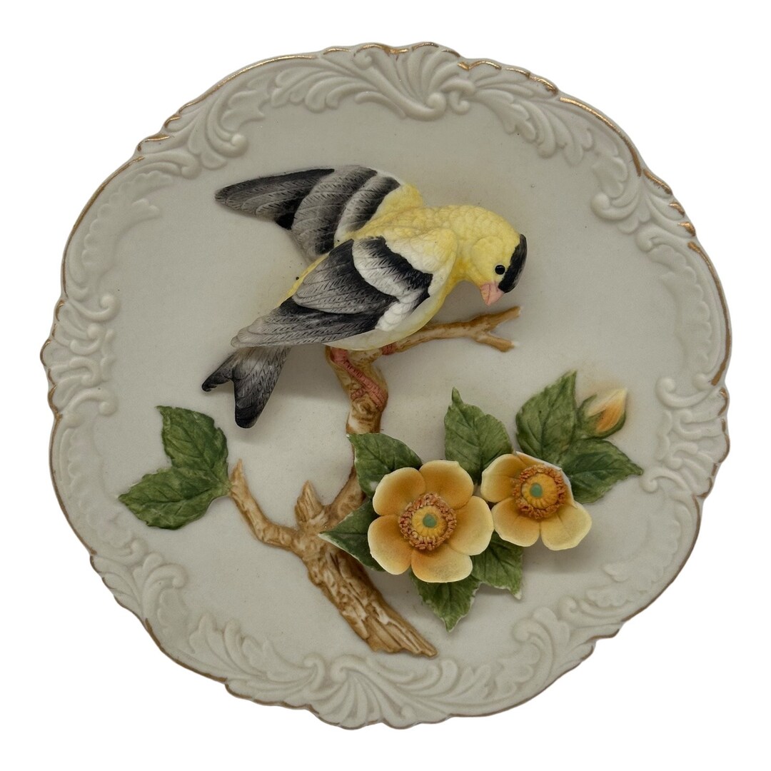 Vintage Lefton China Hand Painted Gold Finch Bird Flowers 3D Plaque ...