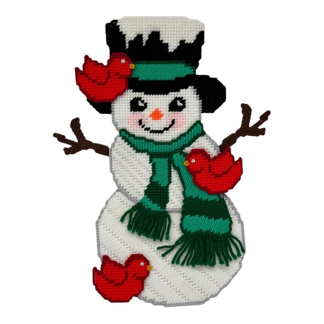 Vintage Needlepoint Winter Happy Snowman & Red Birds Holiday Snow ...