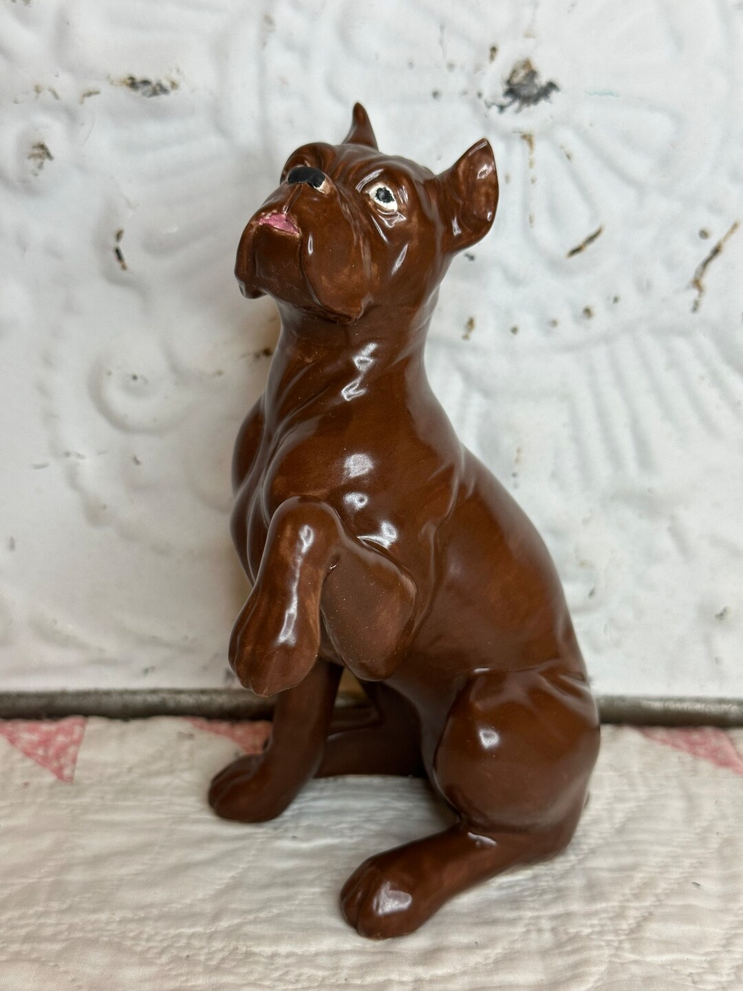 Ceramic Dog Boxer Figurine Atlantic Mold Co 6” Tall Paw up Hand Painted ...