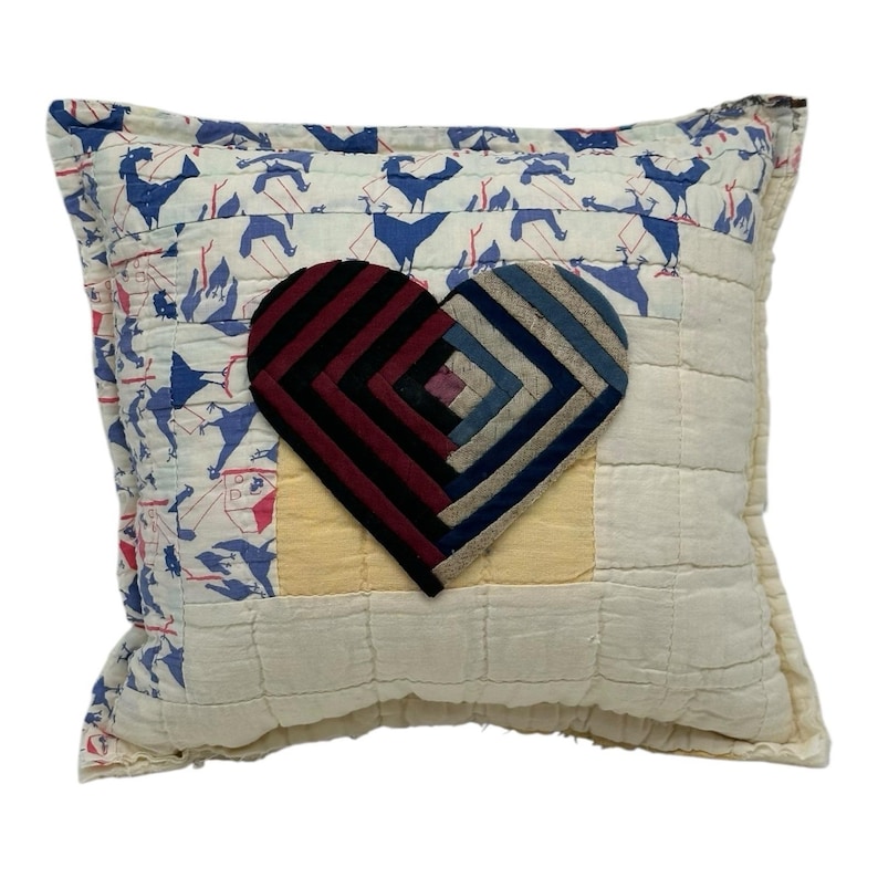 NEW Handmade Log Cabin Heart Pillow Vintage Quilt Old Chenille ...
