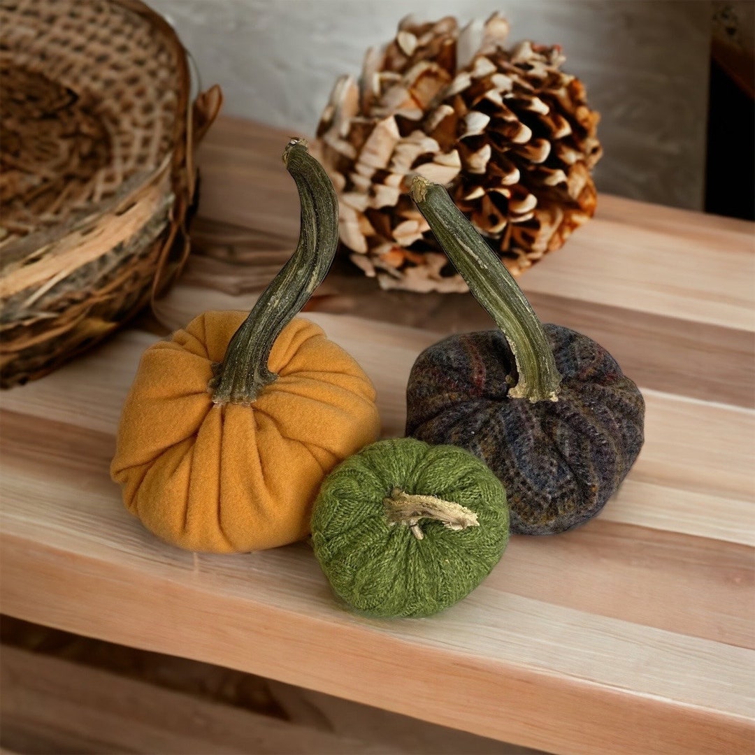 NEW Set of 3 Handmade Fall Autumn Wool & Sweater Fabric Pumpkins ...