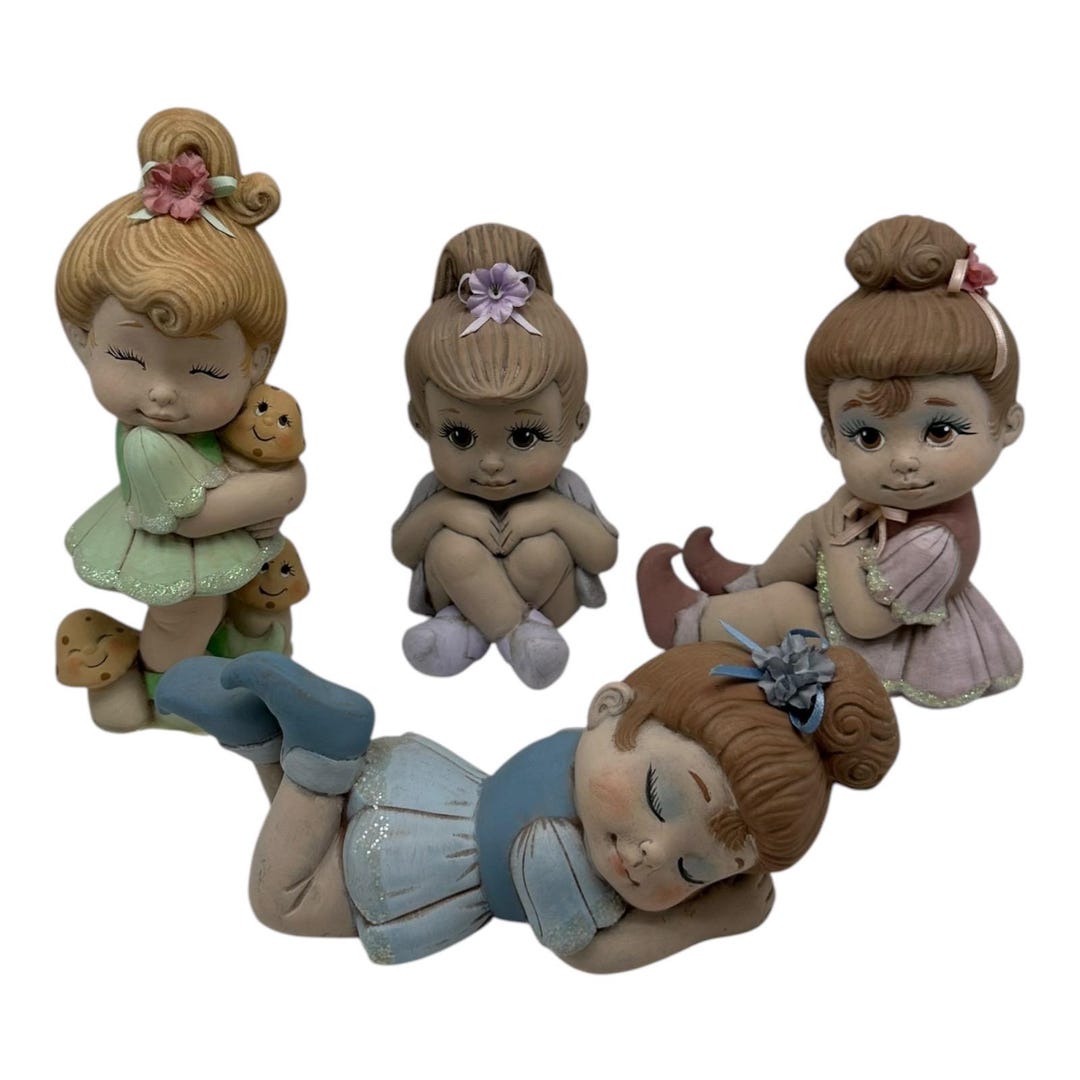 4 Vintage Fairy Pixie Hand Painted Ceramic Big Eyes Figurines Hand ...