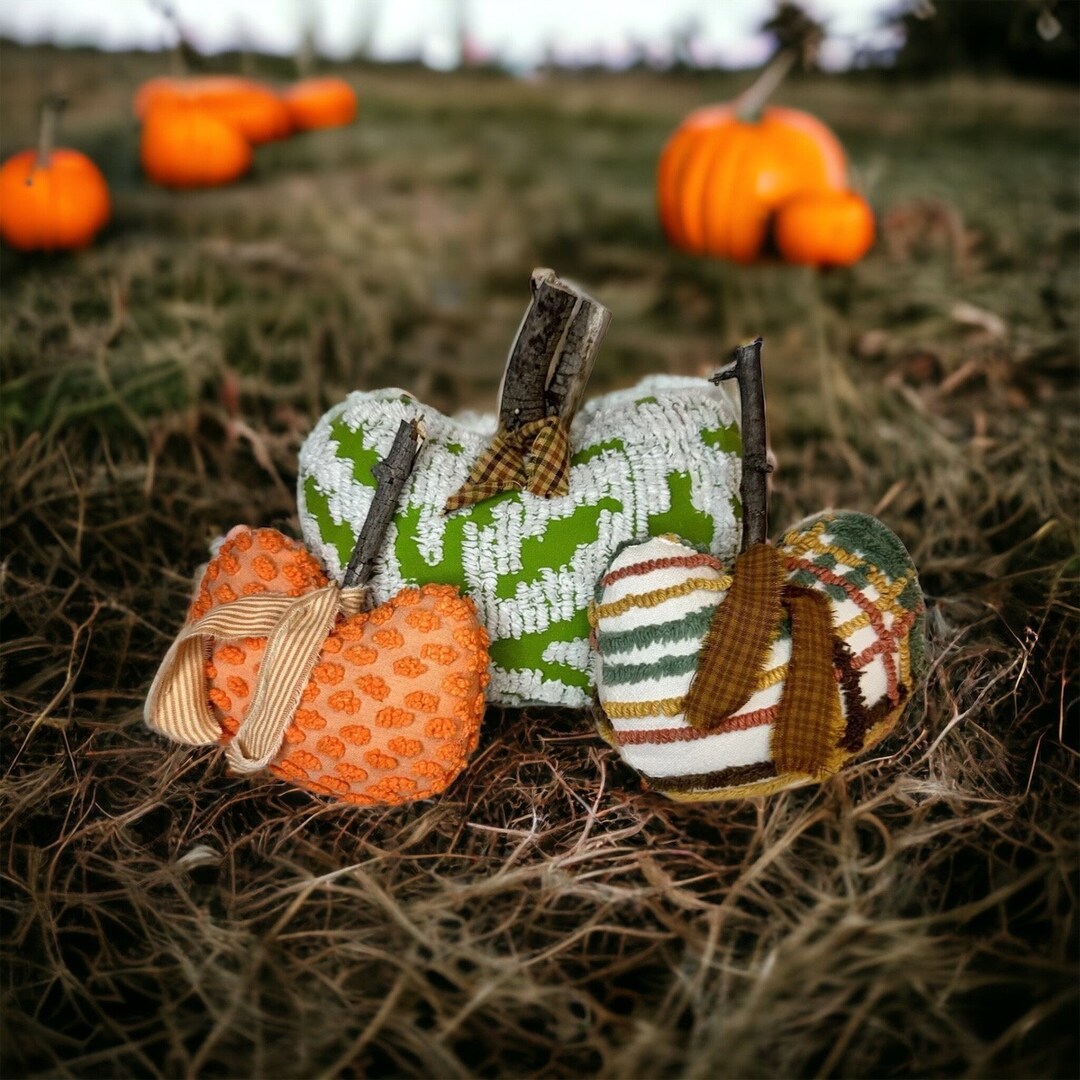 NEW Chenille Pumpkins Handmade Fabric Set of 3 Autumn Fall Halloween ...