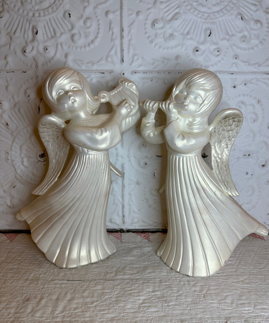 Vintage Atlantic Mold Ceramic Angel Pair Harp & Flute 12 Pearlized ...