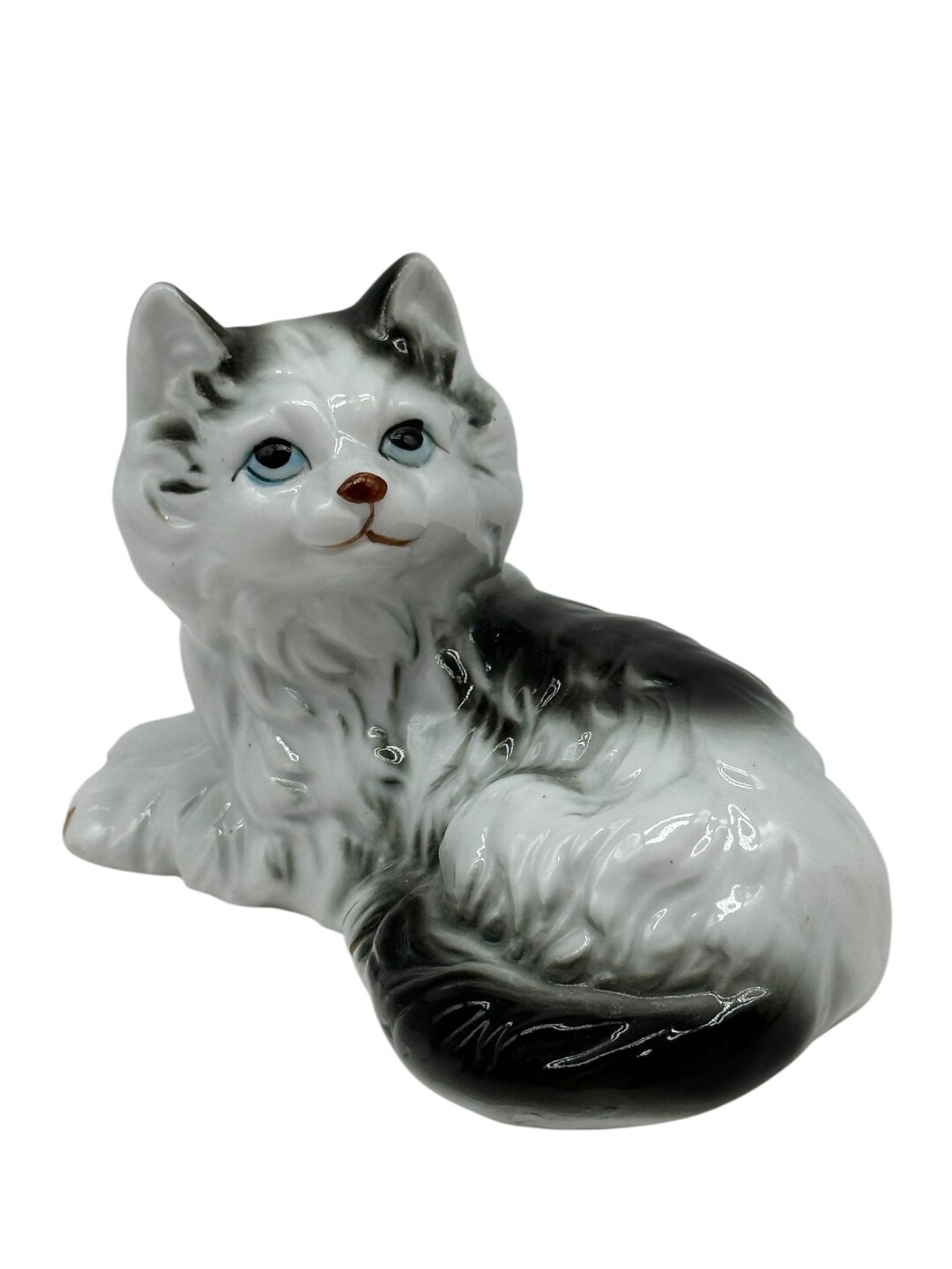 Vintage Darling Cat Figurine Black & White Long Hair Blue Eyes 4” Long ...