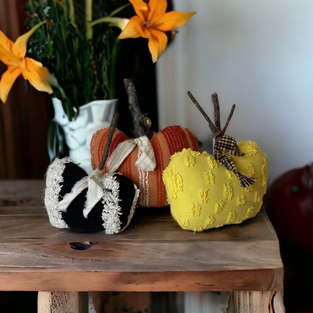 NEW Chenille Pumpkins Handmade Fabric Set of 3 Autumn Fall Halloween ...