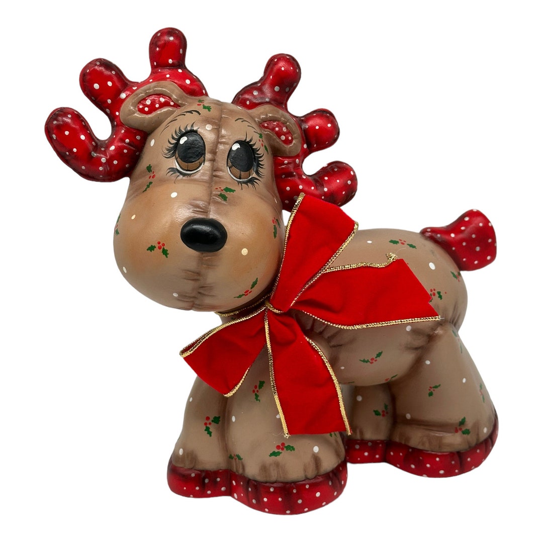 Vintage Ceramic Christmas Reindeer Kitch Figurine Hand Painted Holly ...