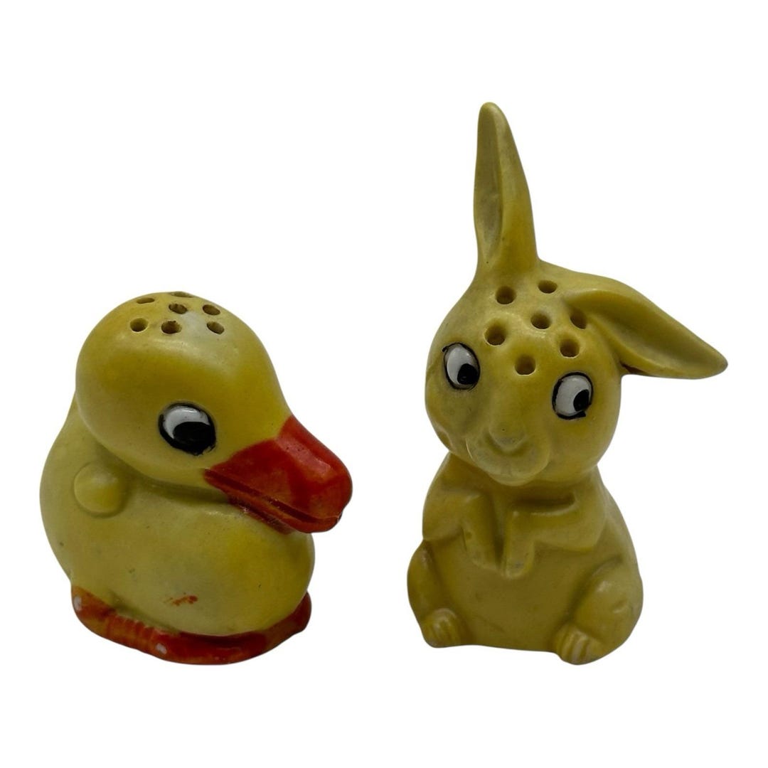 Vintage Ceramic Bunny & Duck Duckling Yellow Salt Pepper~cork Stopper ...