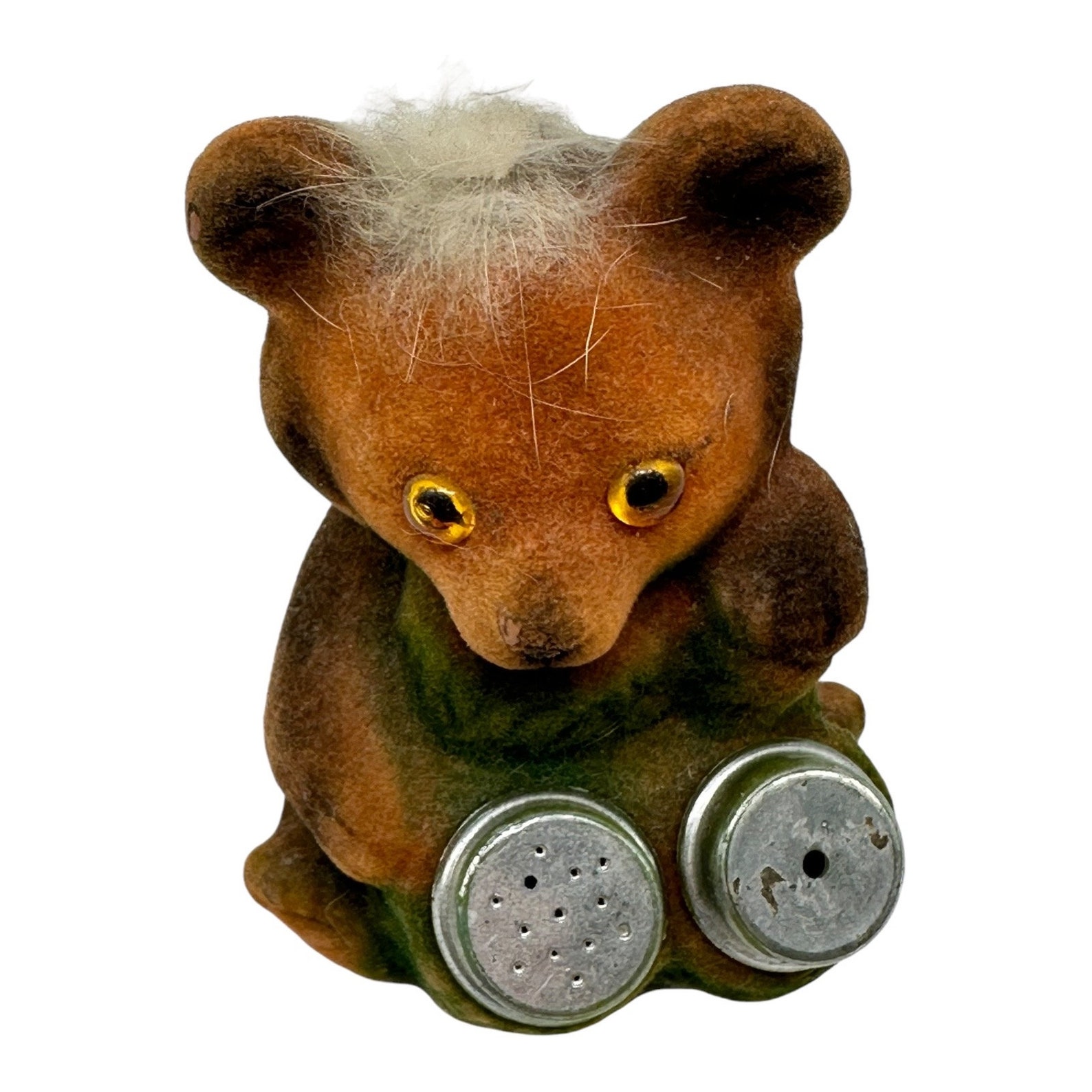 Vintage Flocked Brown Bear Cub Hugging Tree Salt and Pepper Shaker Set ...