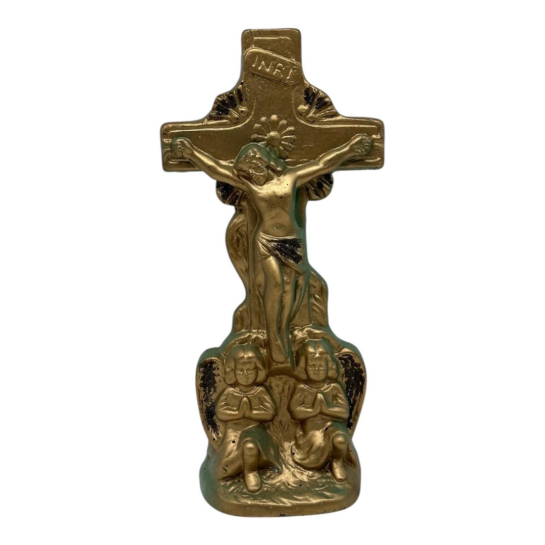 Vintage Standing Chalkware Jesus Christ on Cross W/two Angels 13” WI ...
