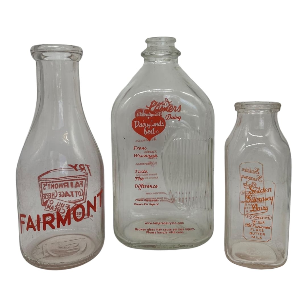 3 Assorted Vintage Clear Milk Bottles~lamers Dairy~fairmont’s~golden ...