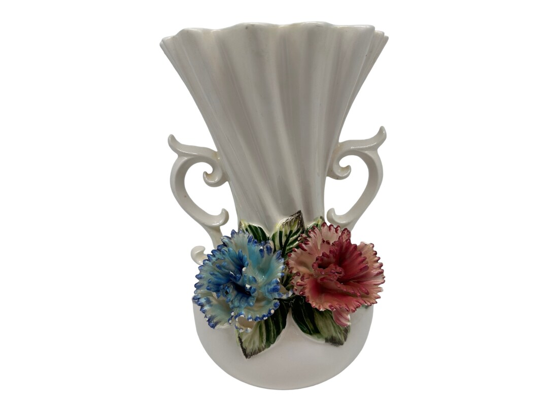 Vintage Twisted Neck 2 Handled Vase With Attached Porcelain Flowers 8 ...