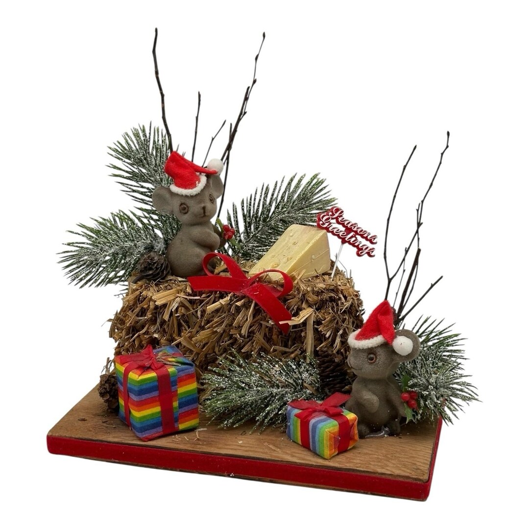 Vintage Flocked Mice on Wooden Sled Christmas Decoration Ornament 10" X ...