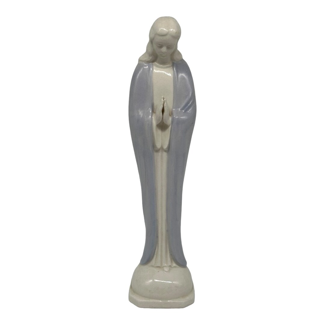 Vintage Blessed Virgin Mary Figurine White & Blue Ceramic Madonna 11.5 ...