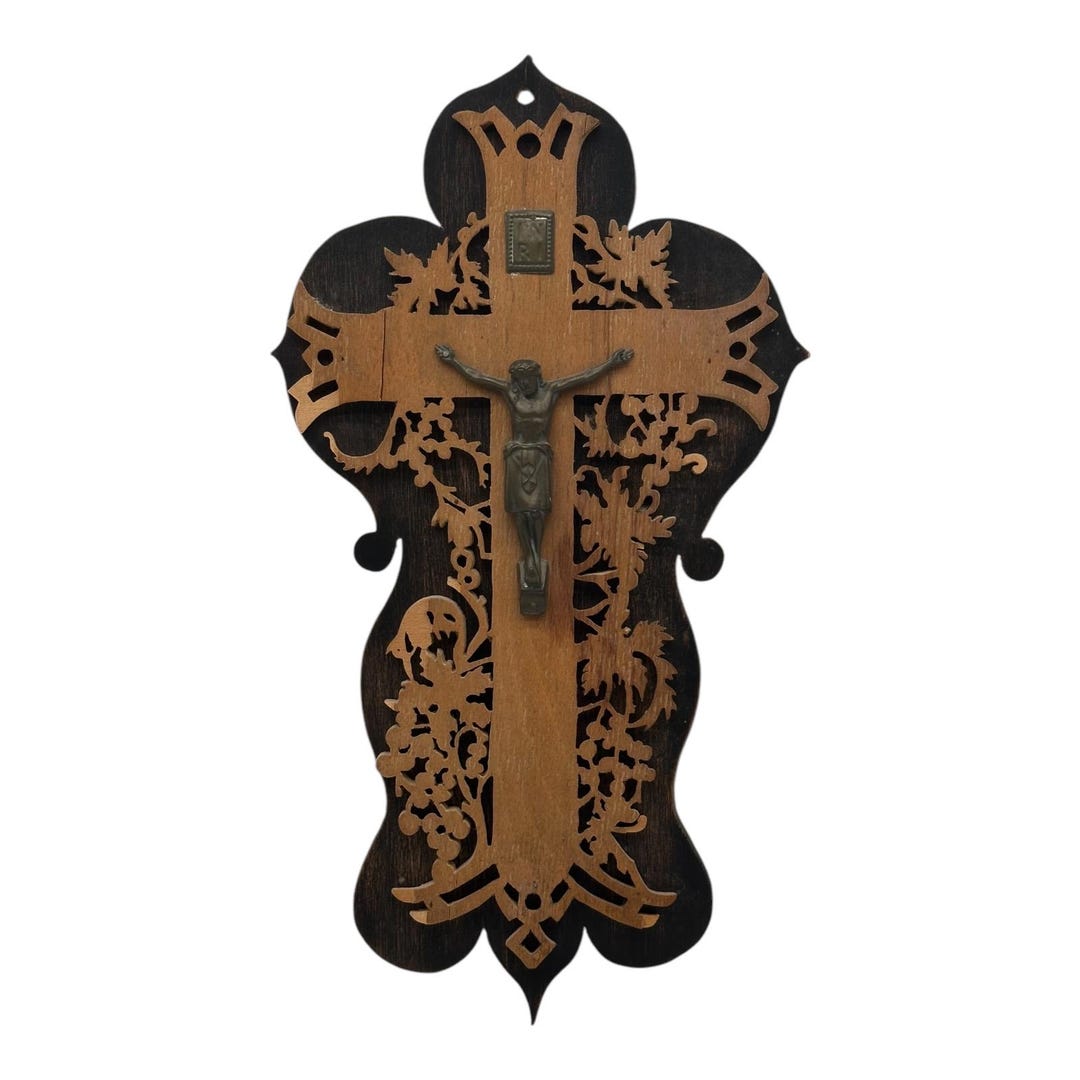 Vintage Handcrafted Scroll Cut Ornate Wooden Cross Crucifix 7” X 13 ...