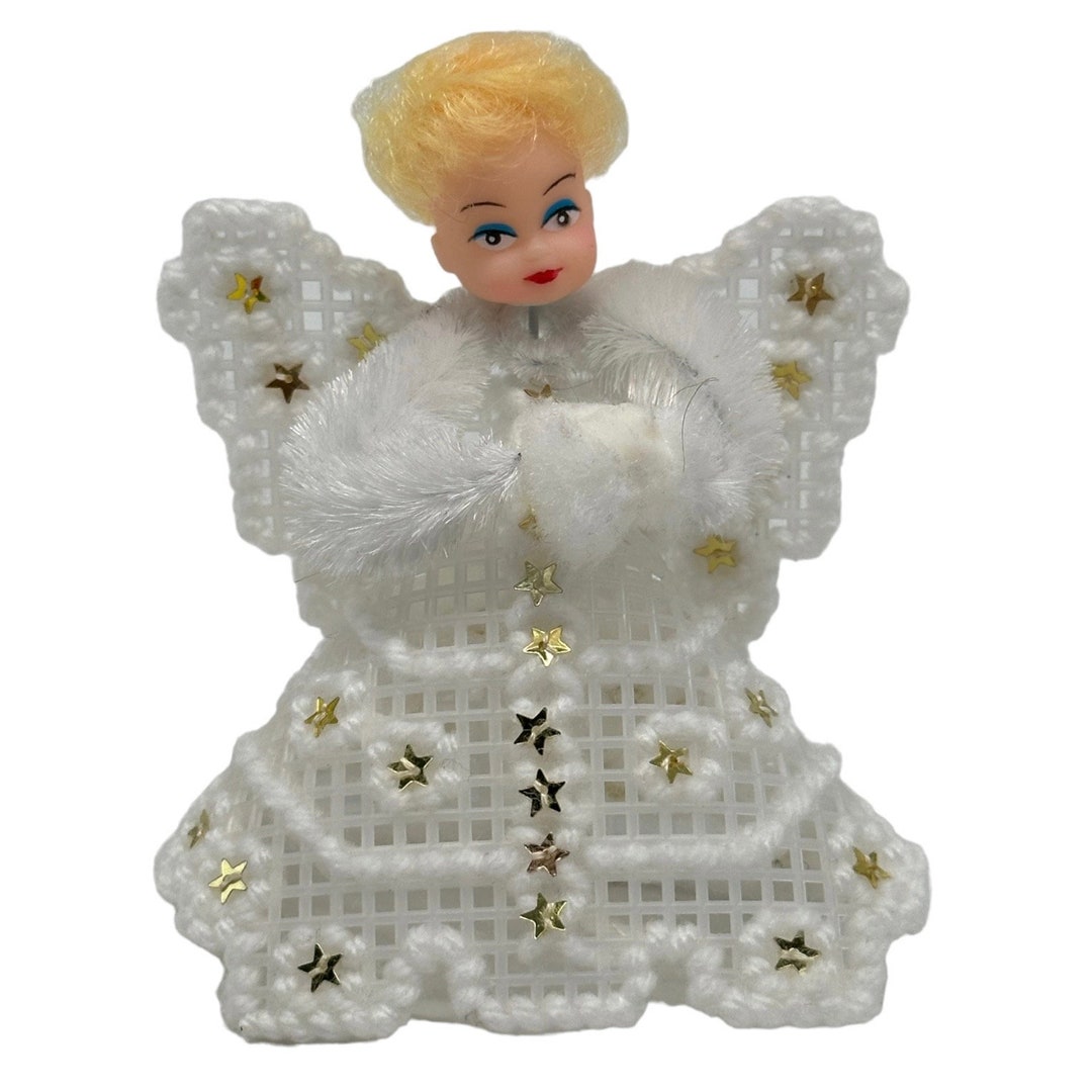 Vtg Plastic Canvas Angel Ornament Holiday Christmas 4.5” Handmade Gold ...