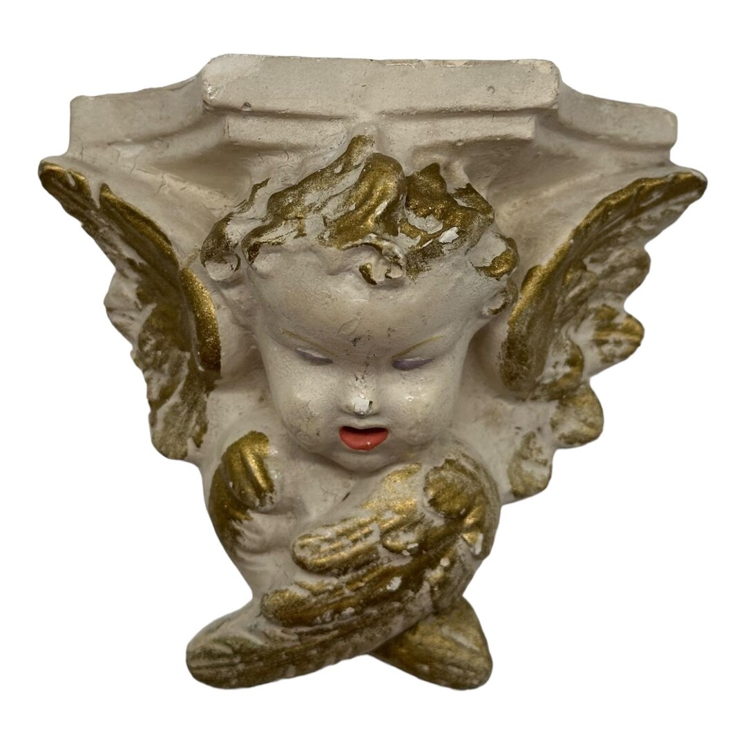 Vintage 1940’s Small Chalkware Cherub Angel Wall Hanging Shelf Beige ...