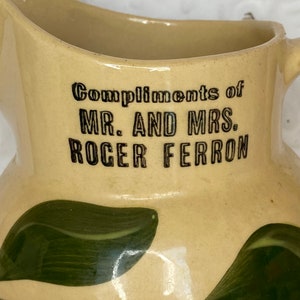 Vintage Watts Pottery Apple Advertising Pitcher 16 Compliments Mr Roger ...