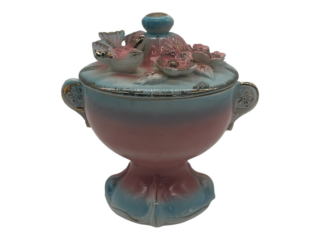 Vintage 1950’s Betson Hand Painted Covered Candy Dish Bird Flowers Made ...