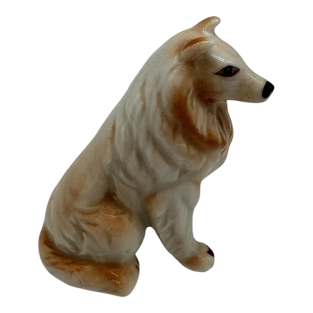 Vintage Sitting Porcelain Ceramic Collie Dog Figurine White Brown 3.25 ...