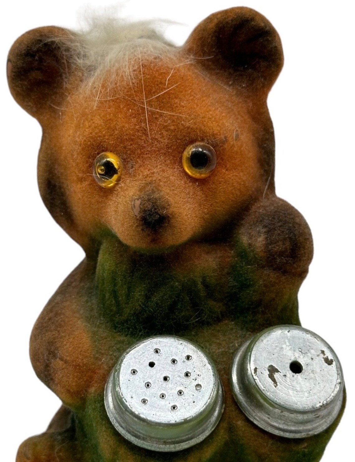 Vintage Flocked Brown Bear Cub Hugging Tree Salt and Pepper Shaker Set ...