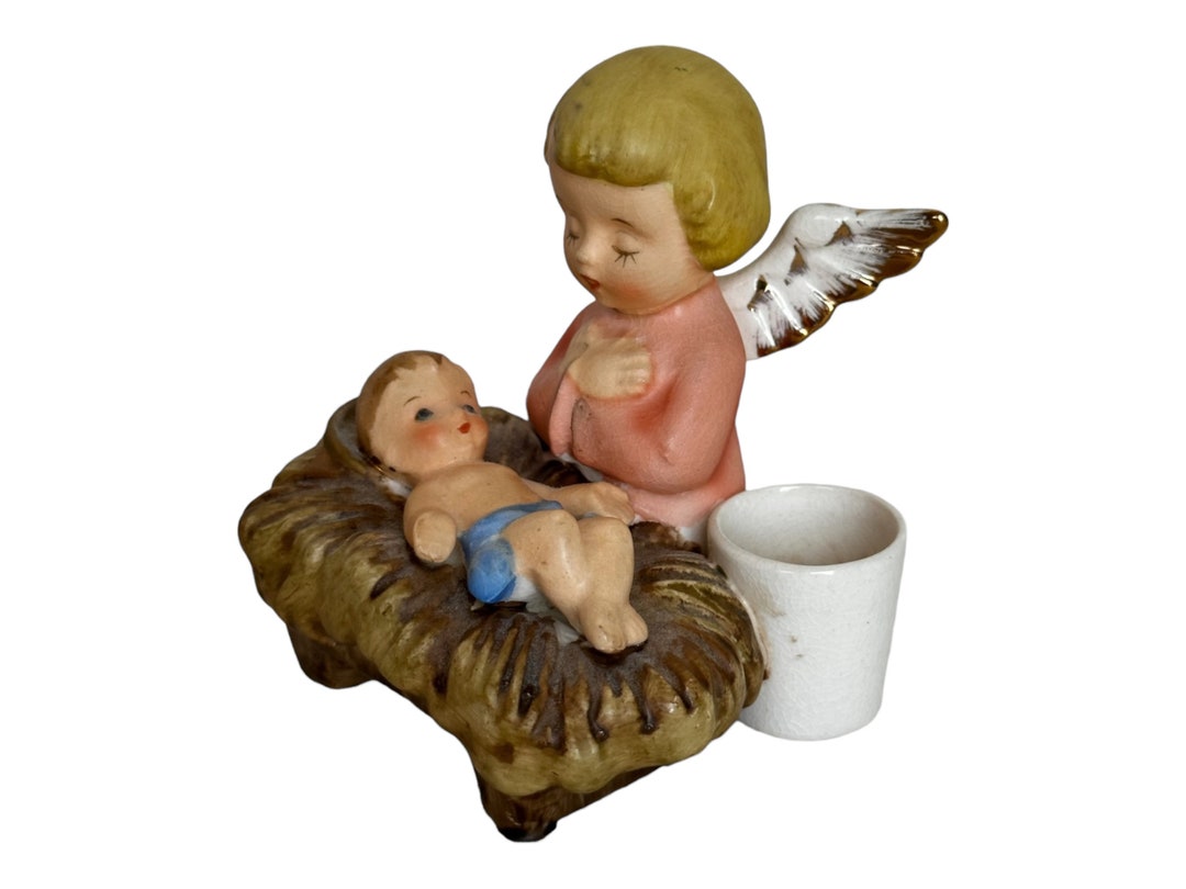 Vintage Angel and Baby Jesus in Crib at Nativity Candle Holder Fine A ...