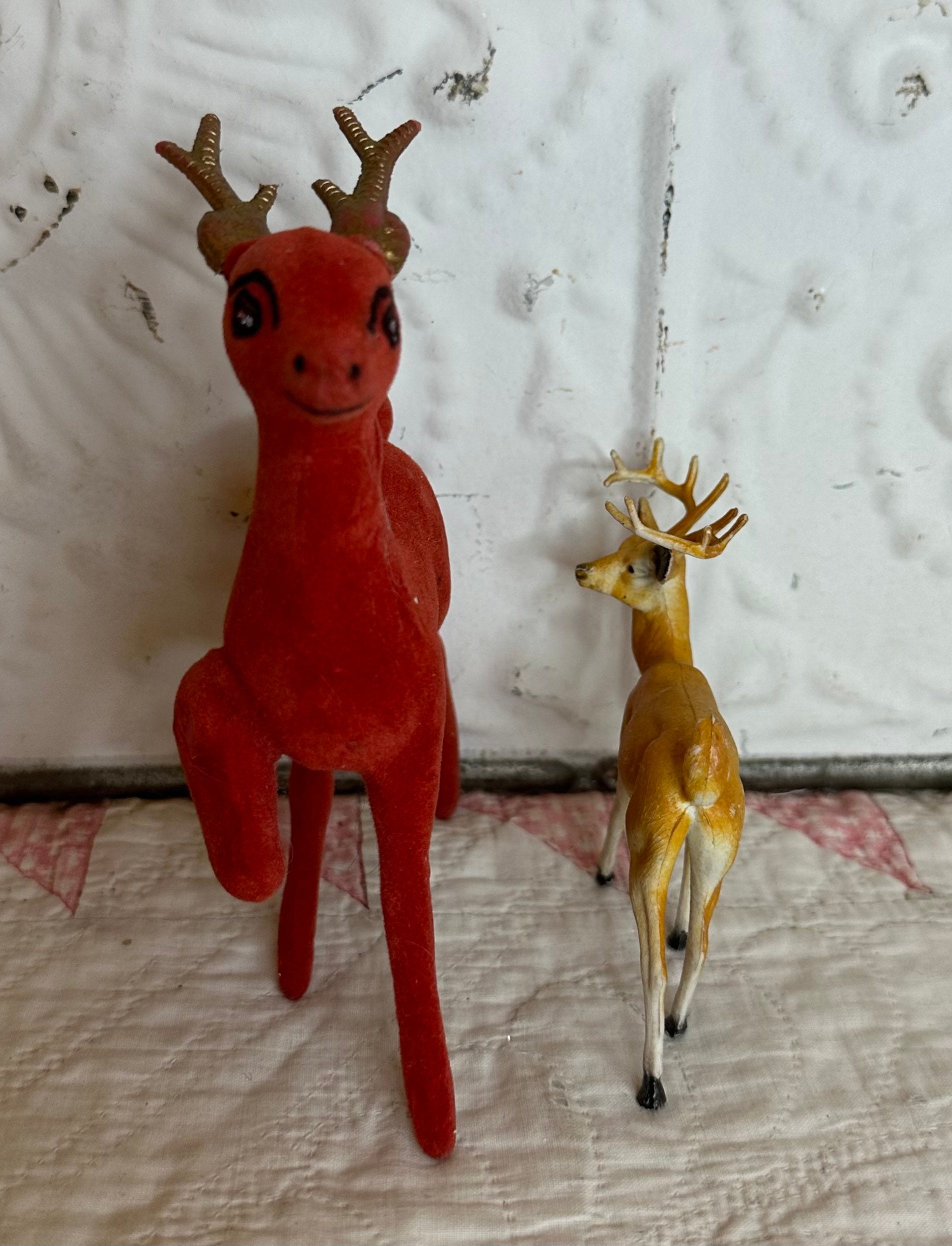 Vintage Red Velvet Deer Reindeer & Plastic Buck Christmas - Etsy