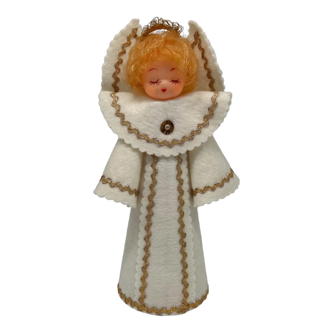 Vintage Angel Tree Topper Felt Cardboard Cone Plastic Head Gold Trim 8. ...