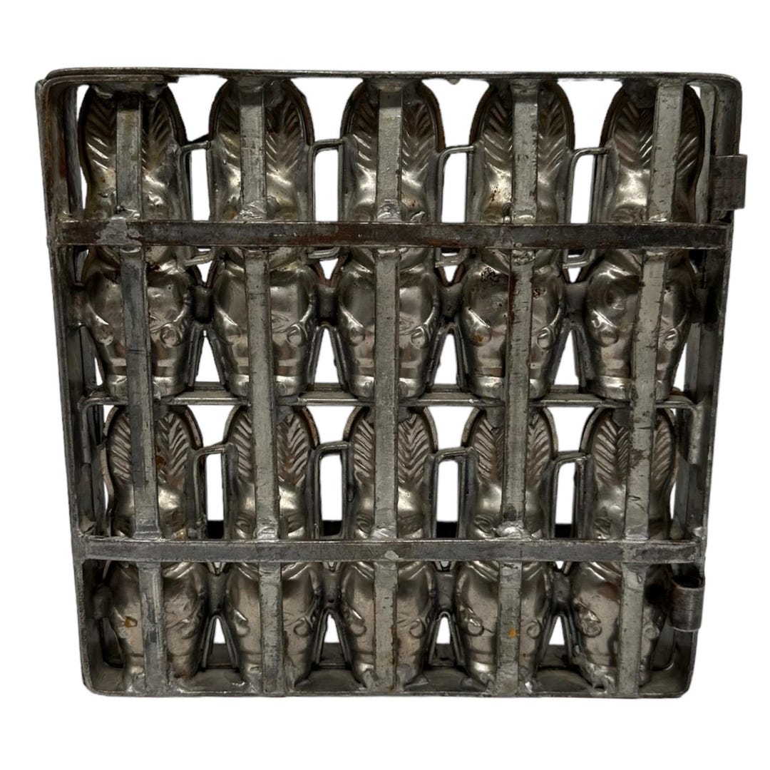 Antique Heavy Metal Hinged Bunny Rabbit Chocolate Mold With 10 Rabbits ...